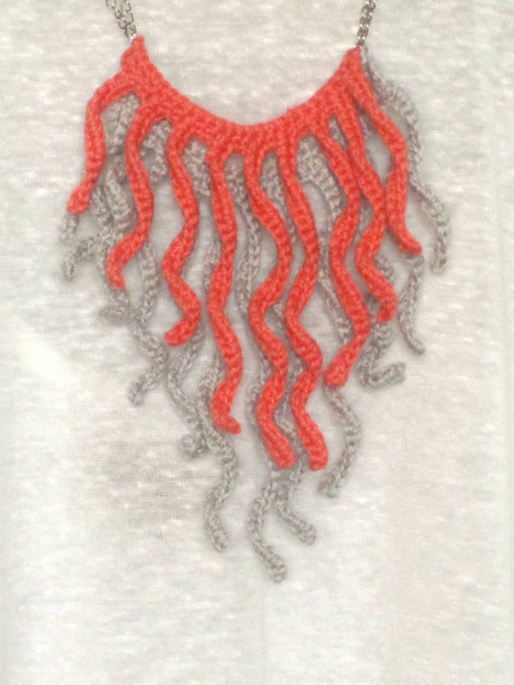 Crochet Fringes Necklace. Salmon Pink And Pale Grey Cotton Yarn. on Luulla